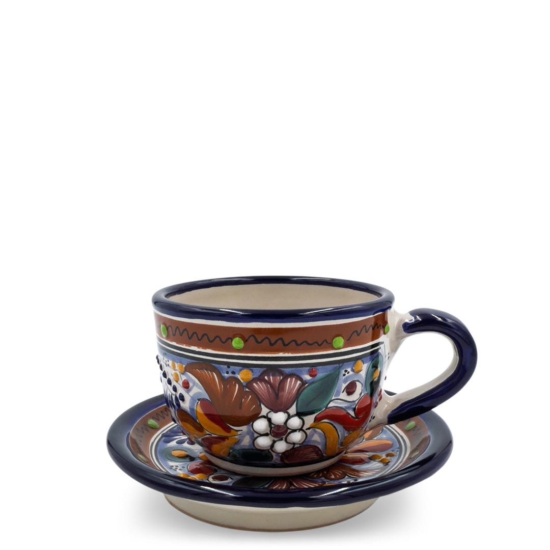 Talavera Tea Cup & Saucer Set, Hand-painted Mexican Ceramic Mug ...