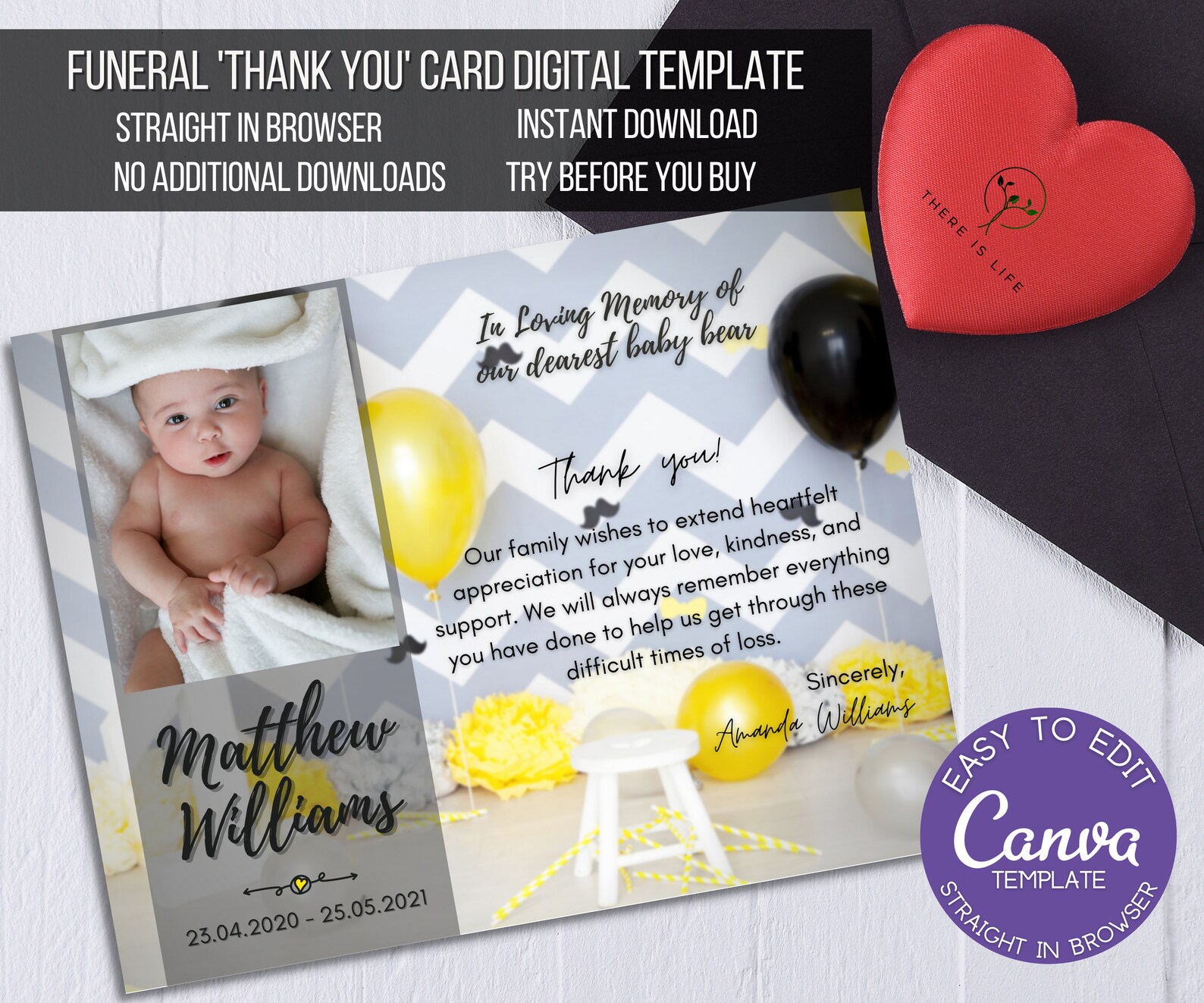 Funeral Thank You Card Canva Template / Loss of Child Memorial Card ...