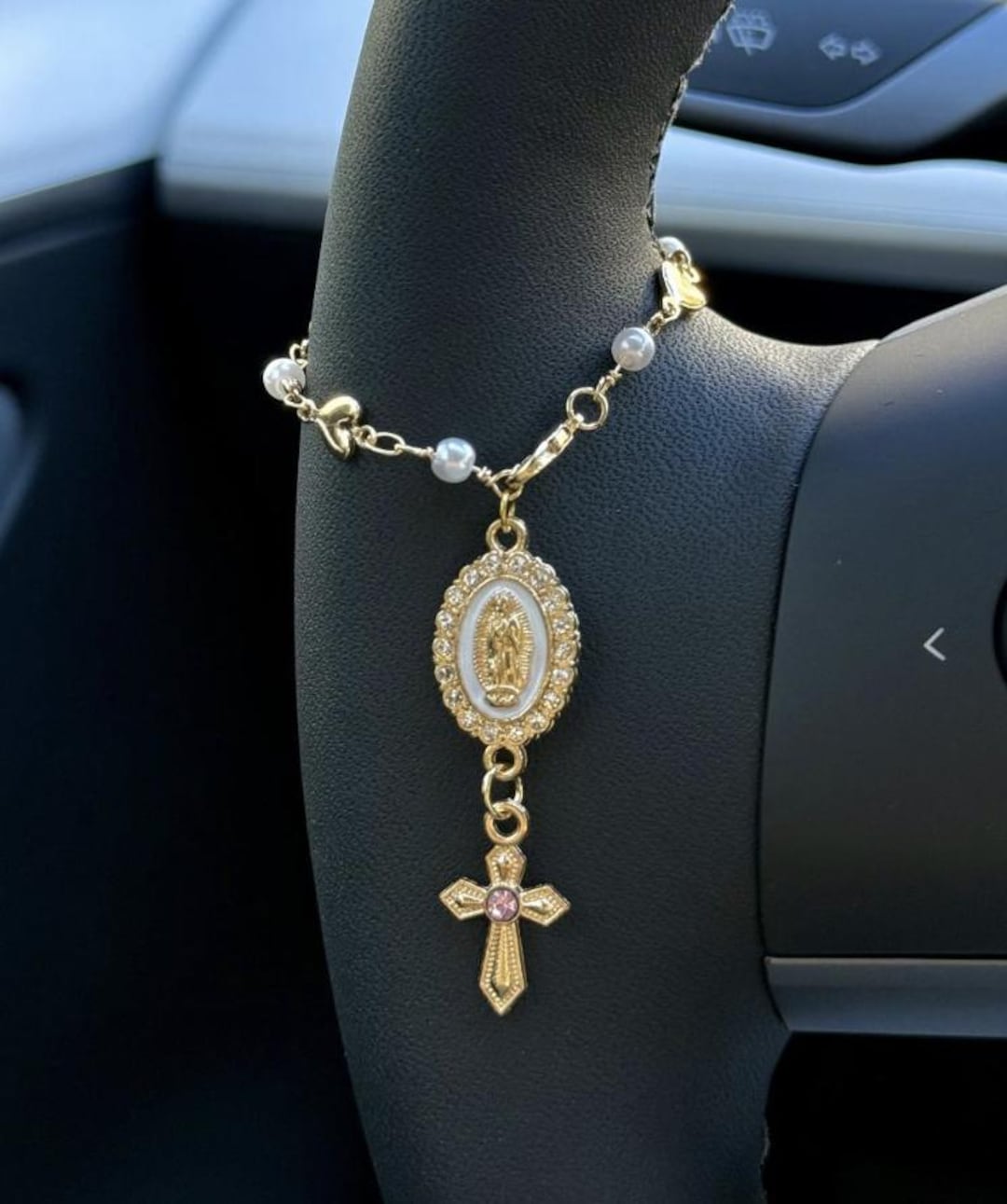 Heart Steering Wheel Rosary Charm Accessory L Rosary Car Charm ...