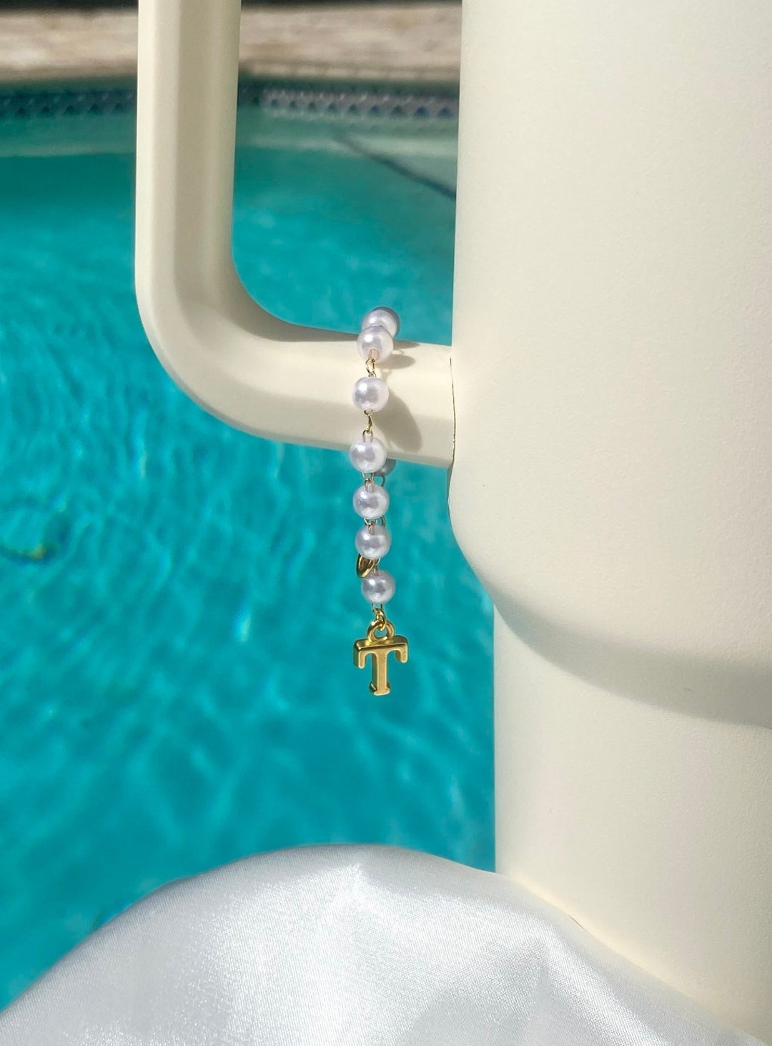 Pearl Initial Chain Gold Tumbler Cup Charm L Gold Initial Tumbler Pearl ...