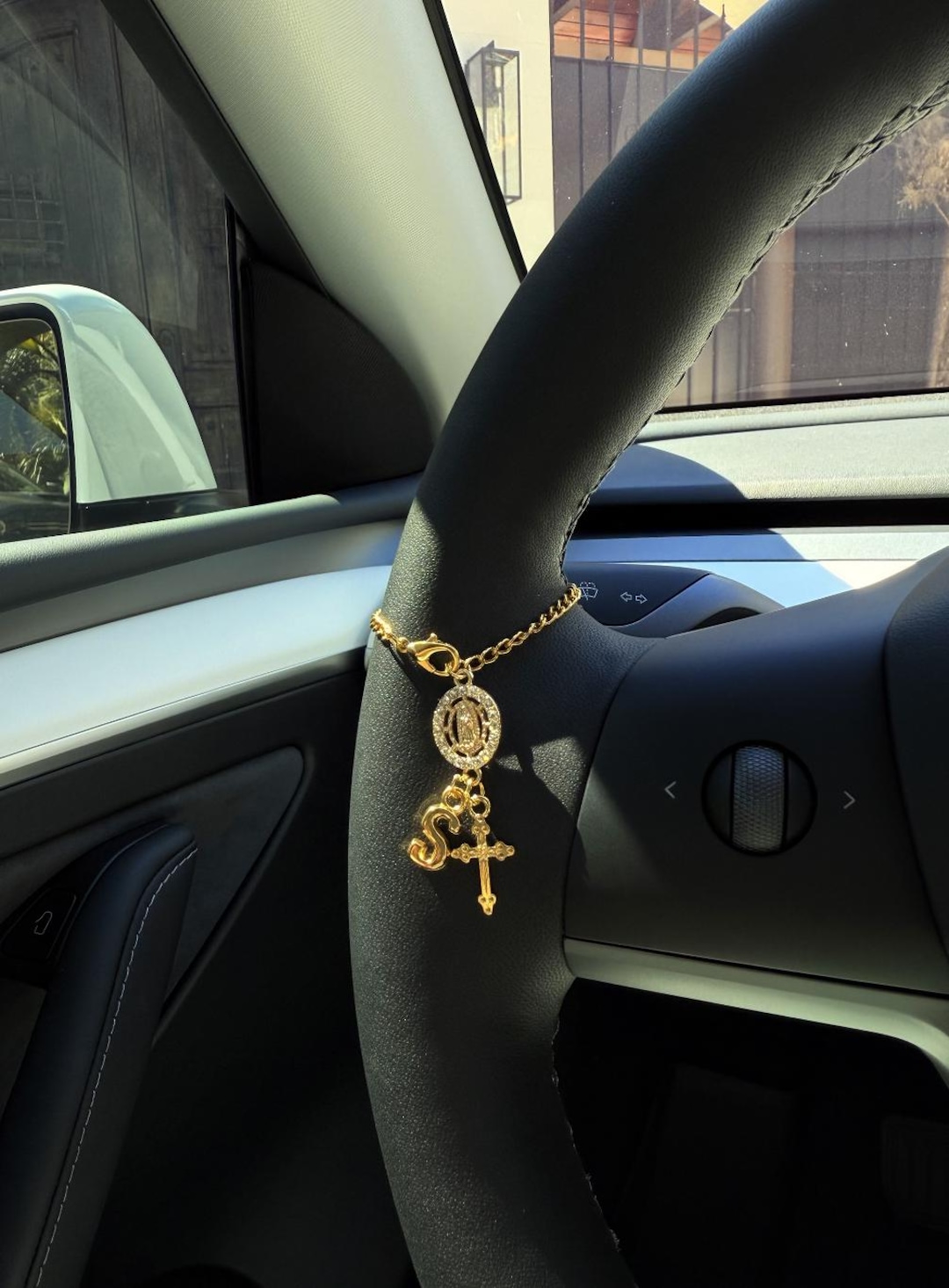 Custom Initial Steering Wheel Rosary Charm Accessory L Rosary Car Charm ...