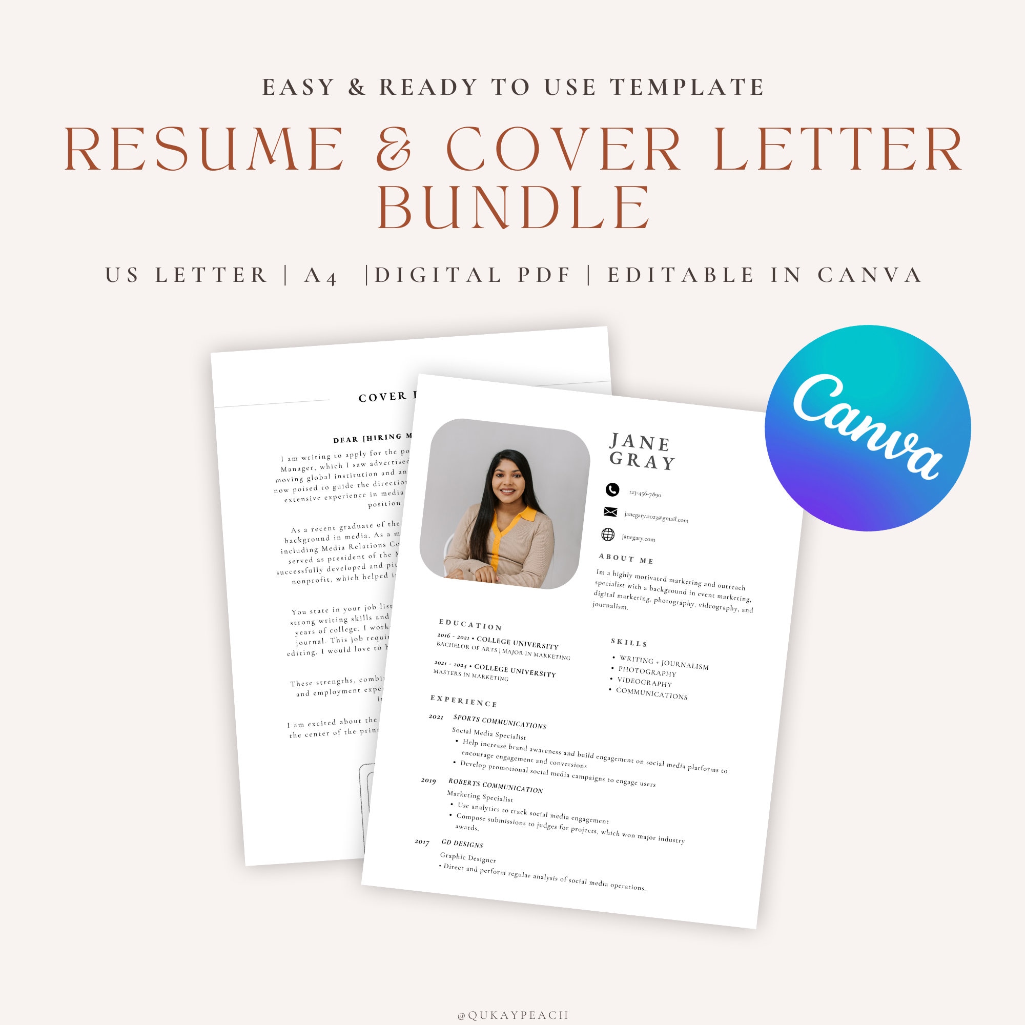 Resume and Cover Letter Template Bundle Professional Resume Template CV ...