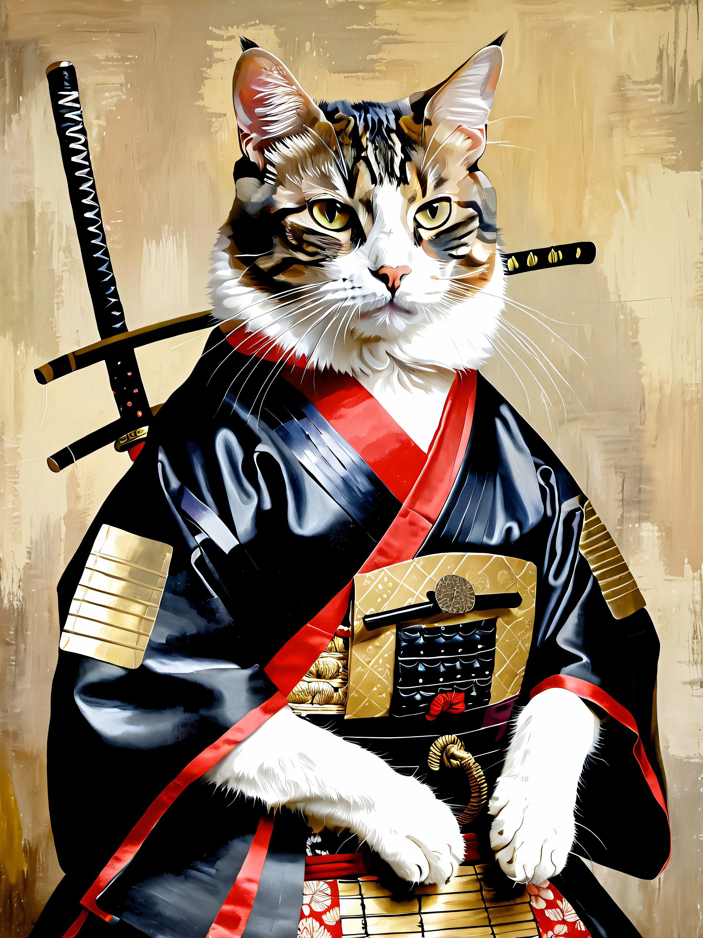 Samurai Cat Digital Art - Traditional Warrior Feline in Kimono, High ...
