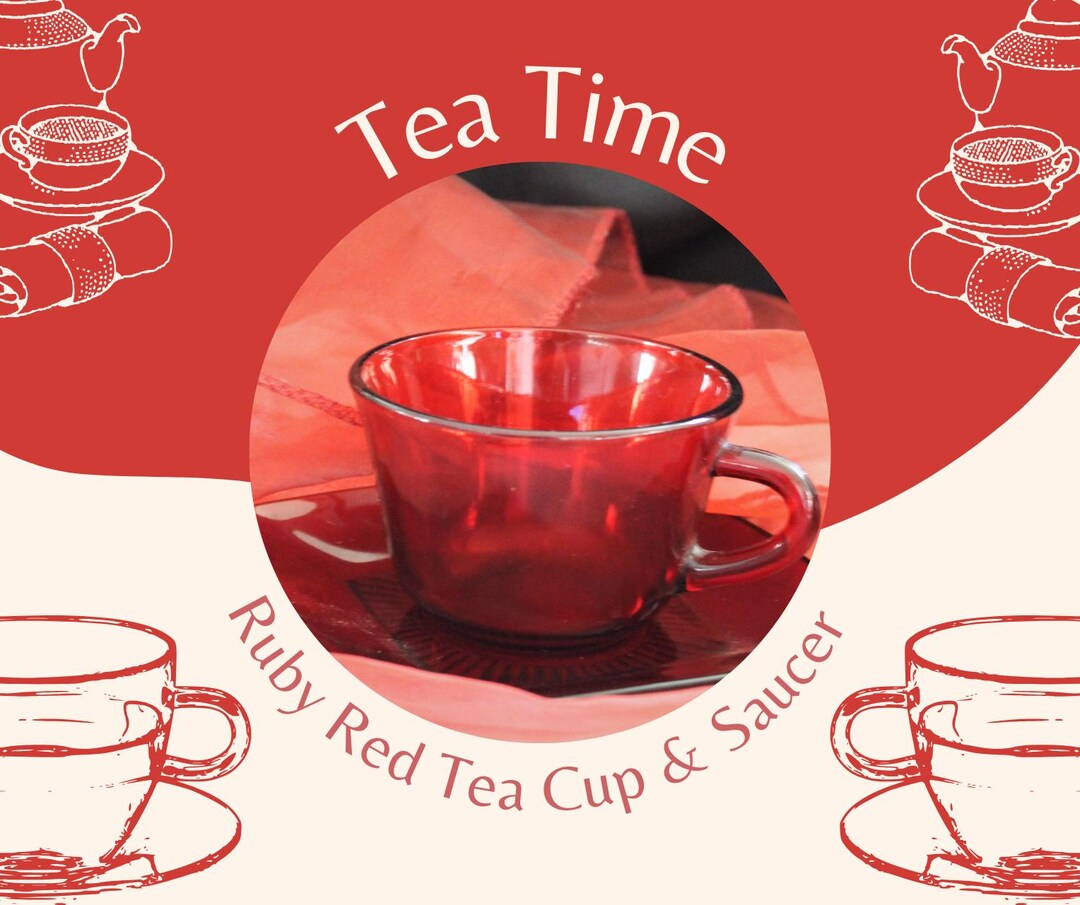 Vintage Ruby Red Tea Cup Set Square Saucer Elegant Glassware Mid ...