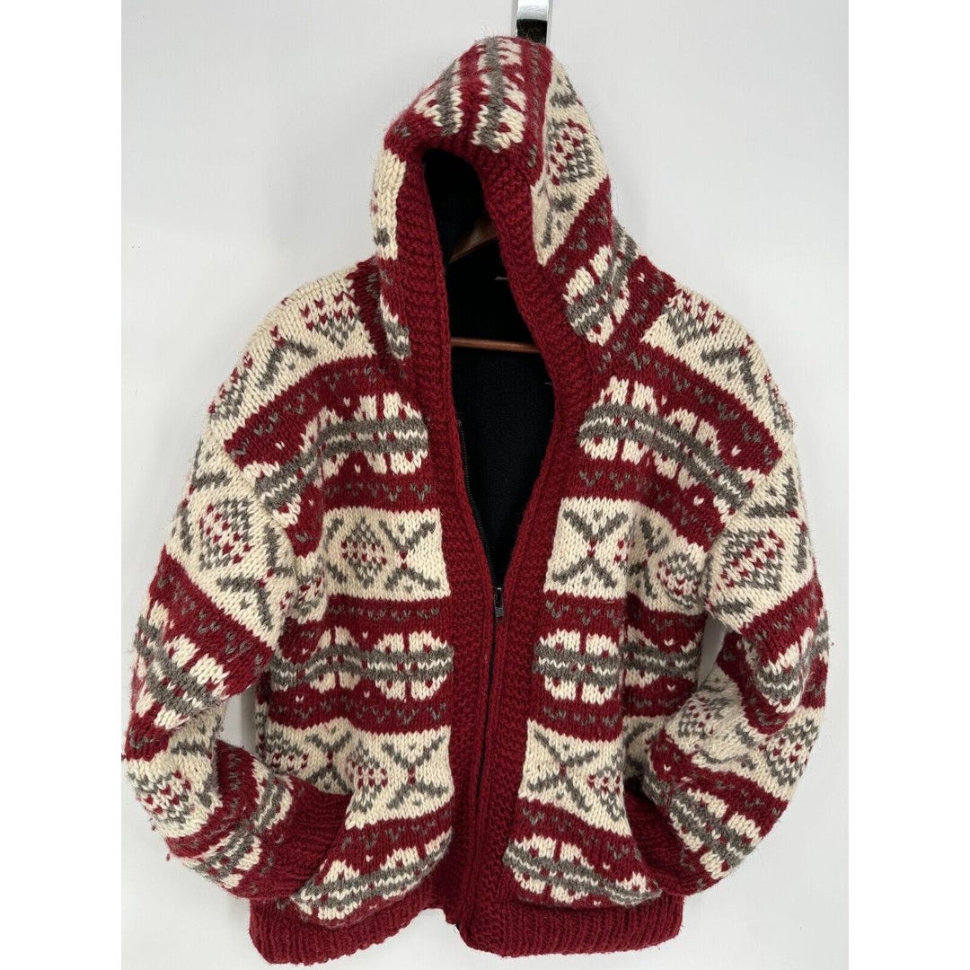 Vintage Pure Nepal Thick Chunky Knit Wool Aztec Print Full Zip Hoodie ...