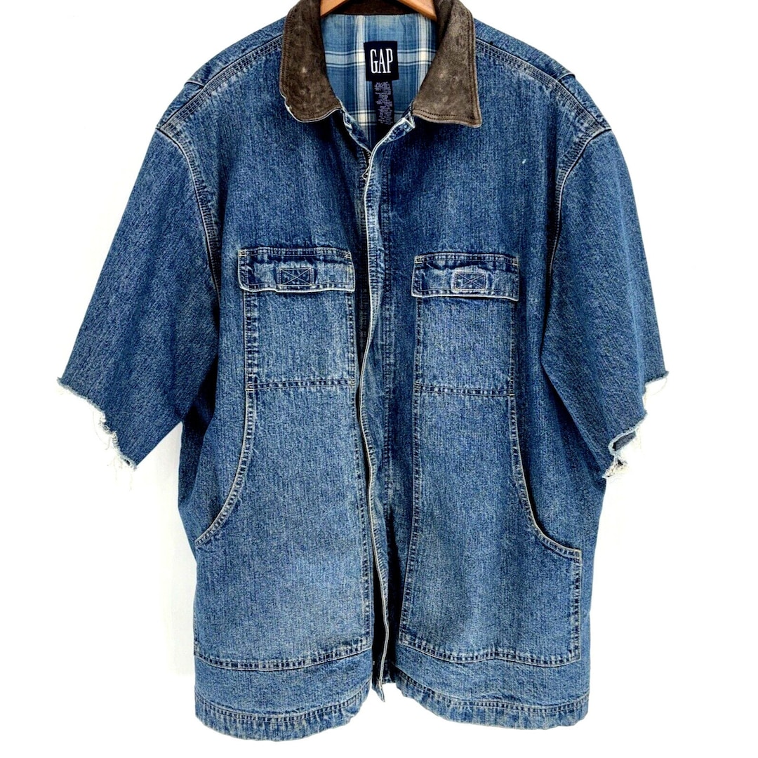 Vintage GAP 80s Blue Denim Plaid Lined Full Zip Jacket Shirt Coat Men's ...