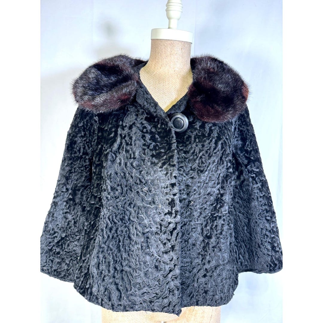 Vintage 60s Black Real Curly Lamb Karakul Mink Fur Collar Short Coat ...