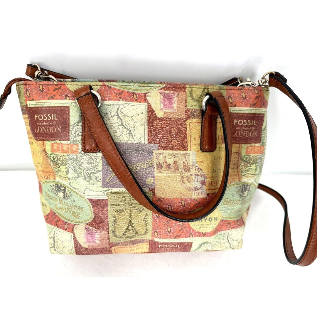 Vintage Fossil Europe Travel Tags Labels Brown Patina Leather Tote ...