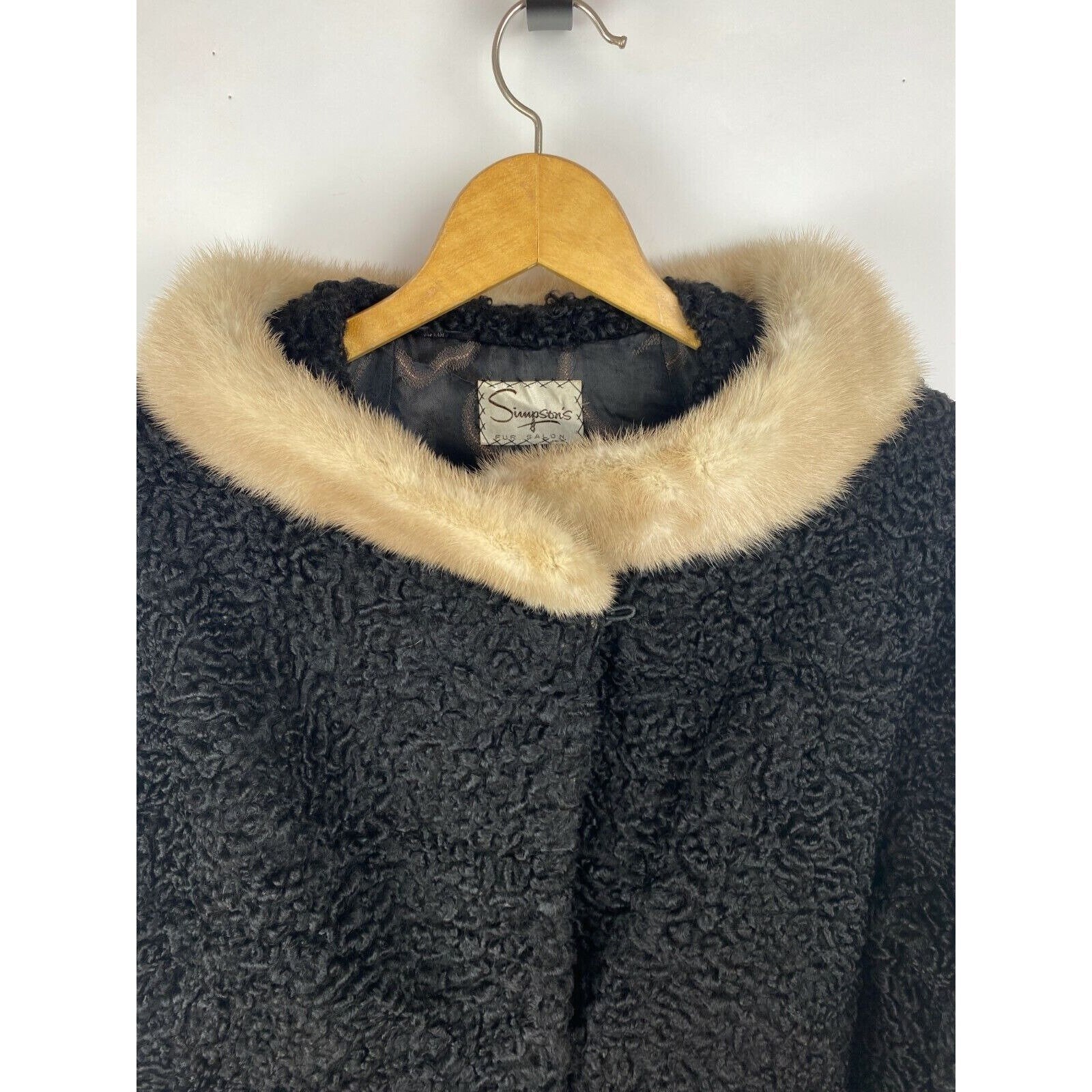 SIMPSON'S FUR SALON Black Curly Persian Lamb Mink Fur Trim Long Coat ...