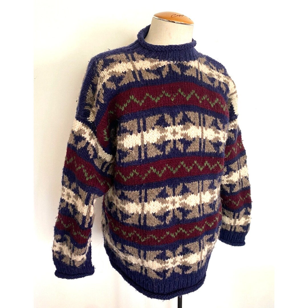 Vintage Equador Chunky Hand Knit Pure Wool Sweater Nordic Aztek Print ...
