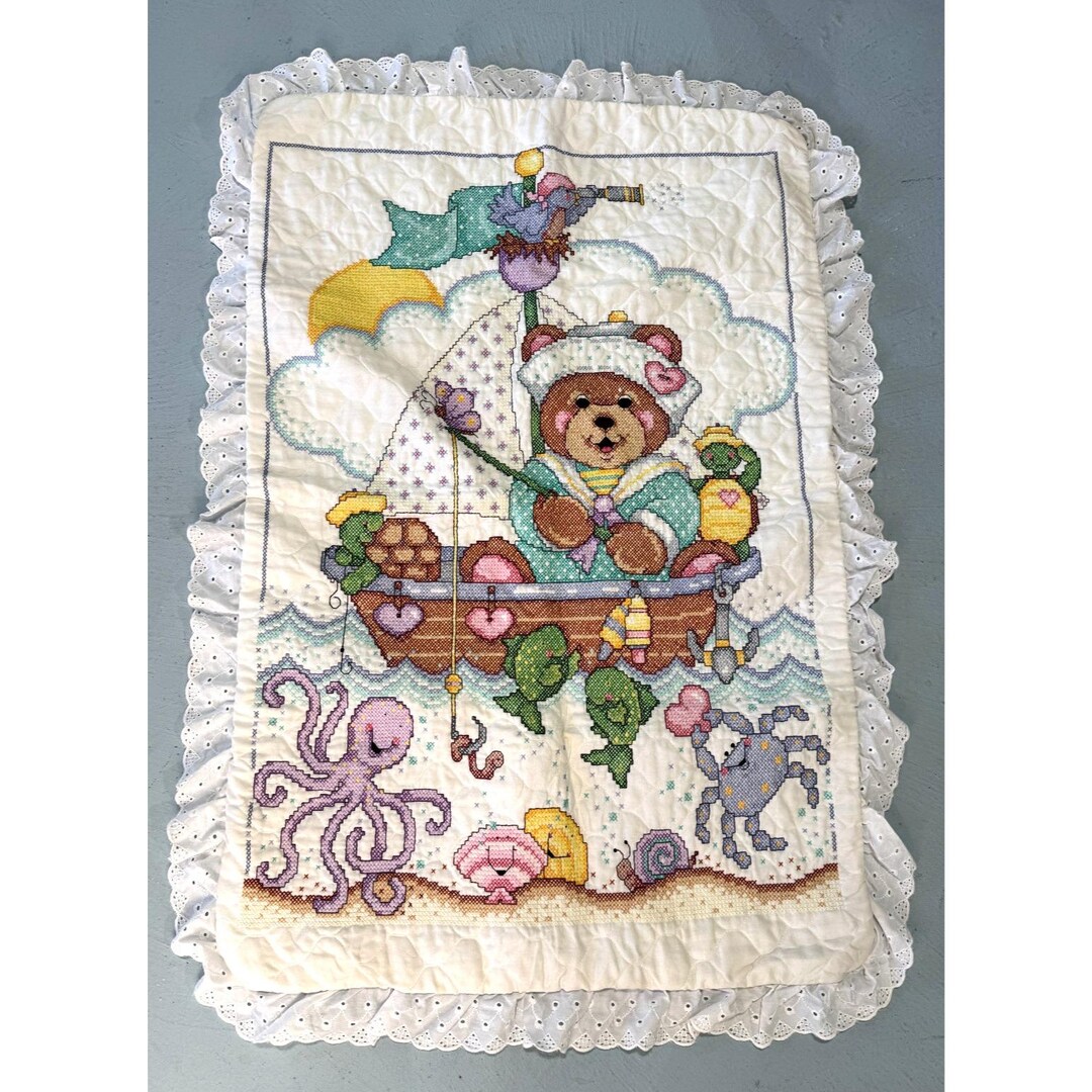 Vintage 70s Hand Embroidered Teddy Bear Baby Crib Baby Ruffle Lace ...