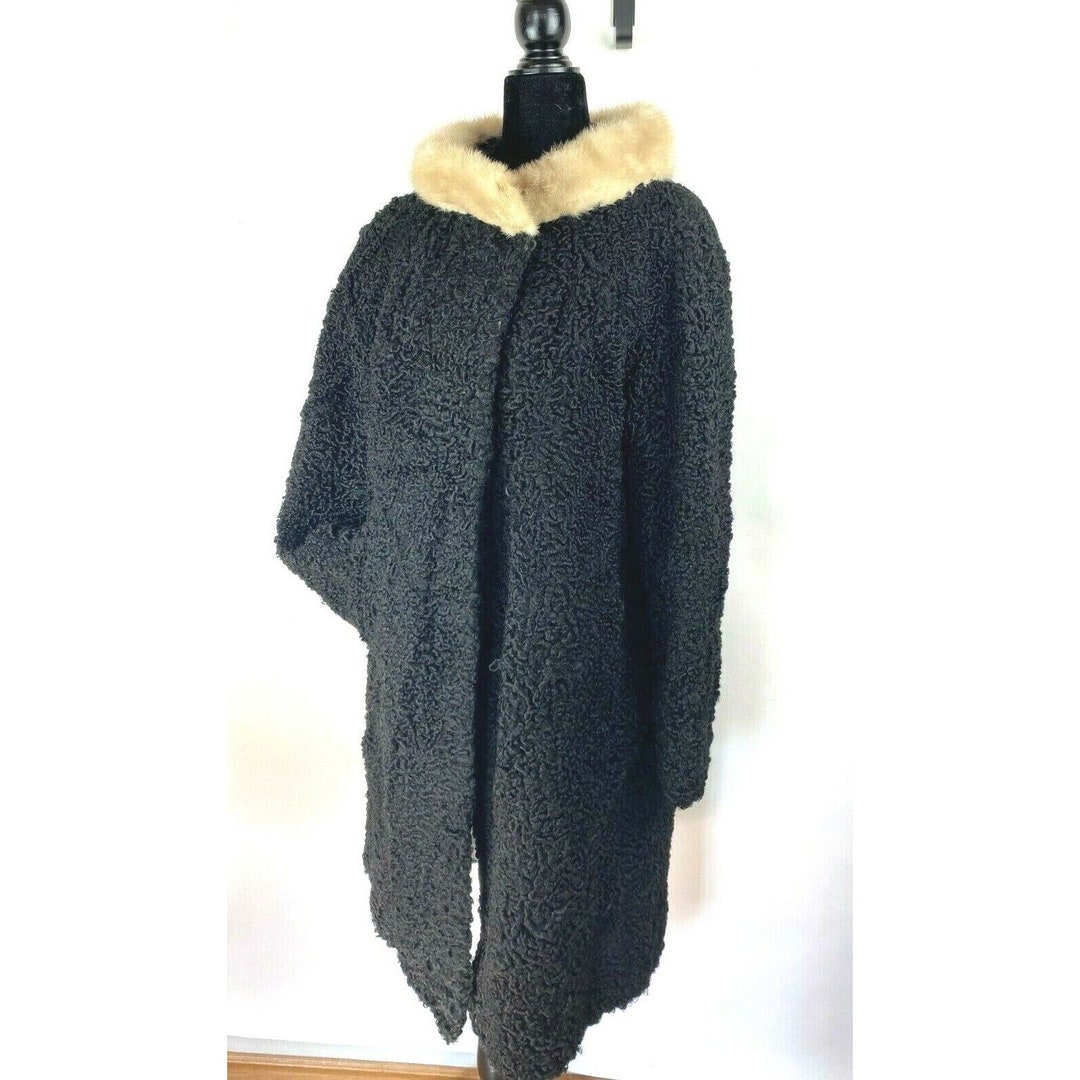 SIMPSON'S FUR SALON Black Curly Persian Lamb Mink Fur Trim Long Coat ...