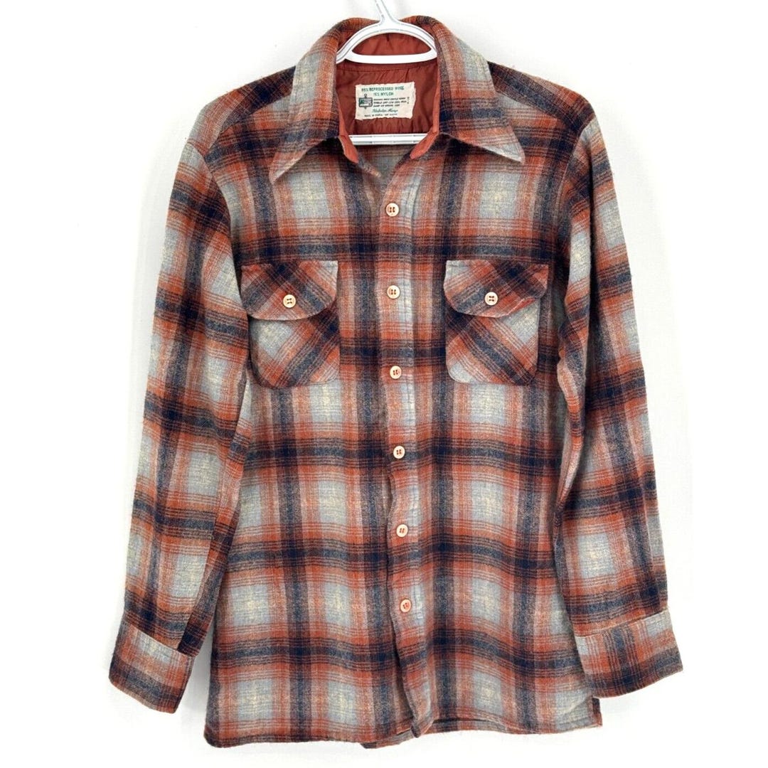 Vintage 70's Kmart Wool Blend Plaid Check Button up Outdoor Shirt Men's ...