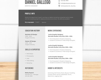 Professional 1 Page Resume Template, Modern One Page CV, Word & Mac ...
