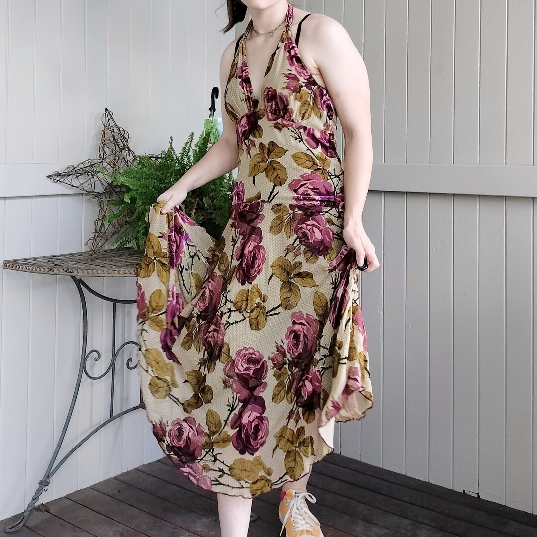 Vintage Y2K 2000s Gerry Shaw Size 14 Dress Pink Silk Floral Halter ...