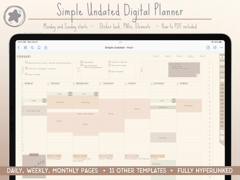 Simple Undated Digital Planner | Fully Hyperlinked - Etsy Canada