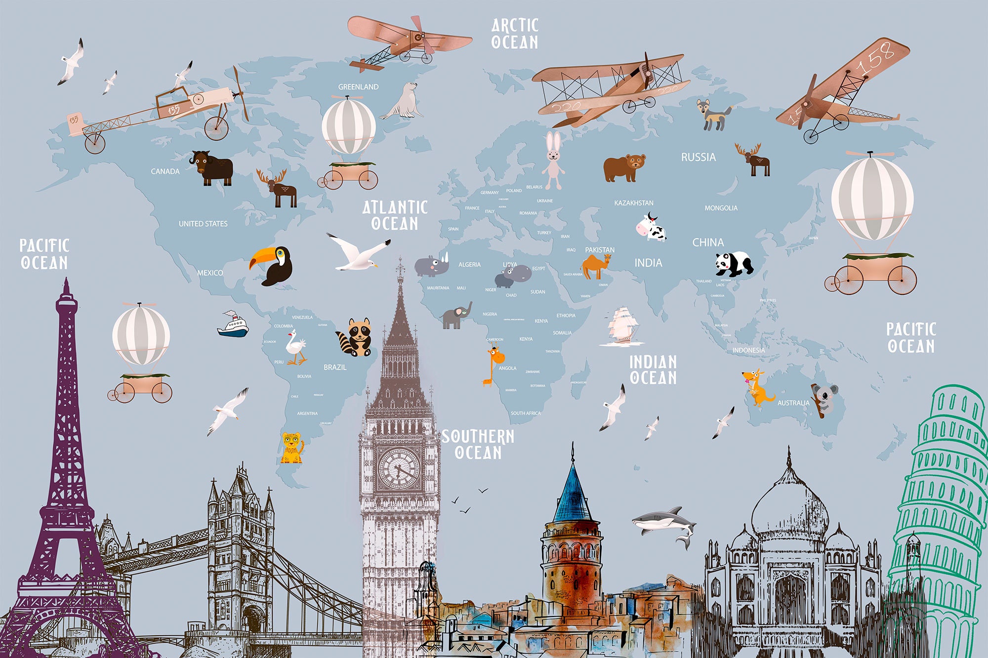 Animal World Map Wall Covering: Educational Kids Decor (peel and Stick ...
