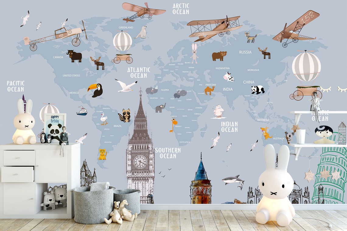 Animals World Map and Famous Landmarks of the World for Kids | Etsy