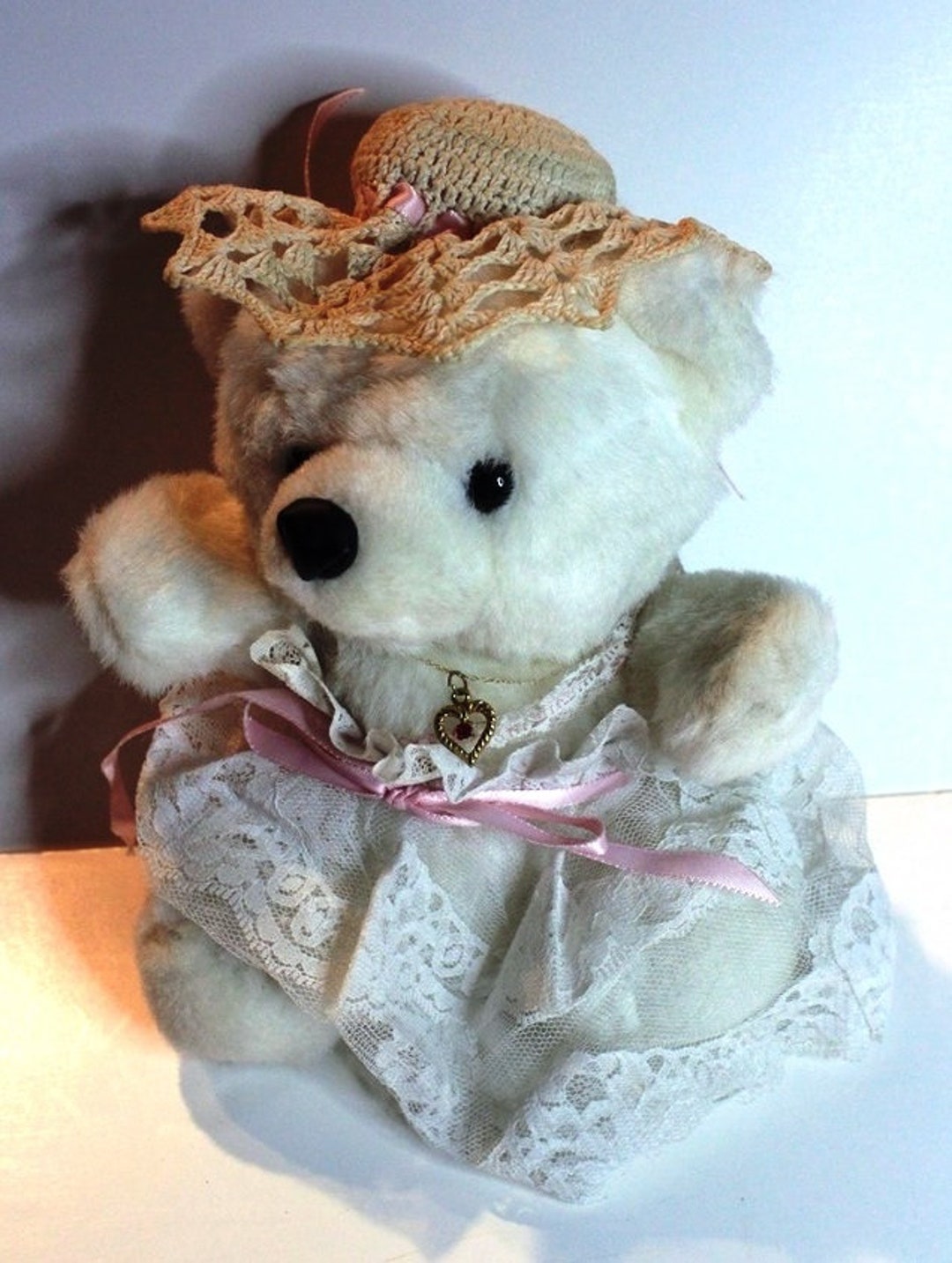 Vintage White Teddy Bear Dressed in Lace With a Lace Hat - Etsy