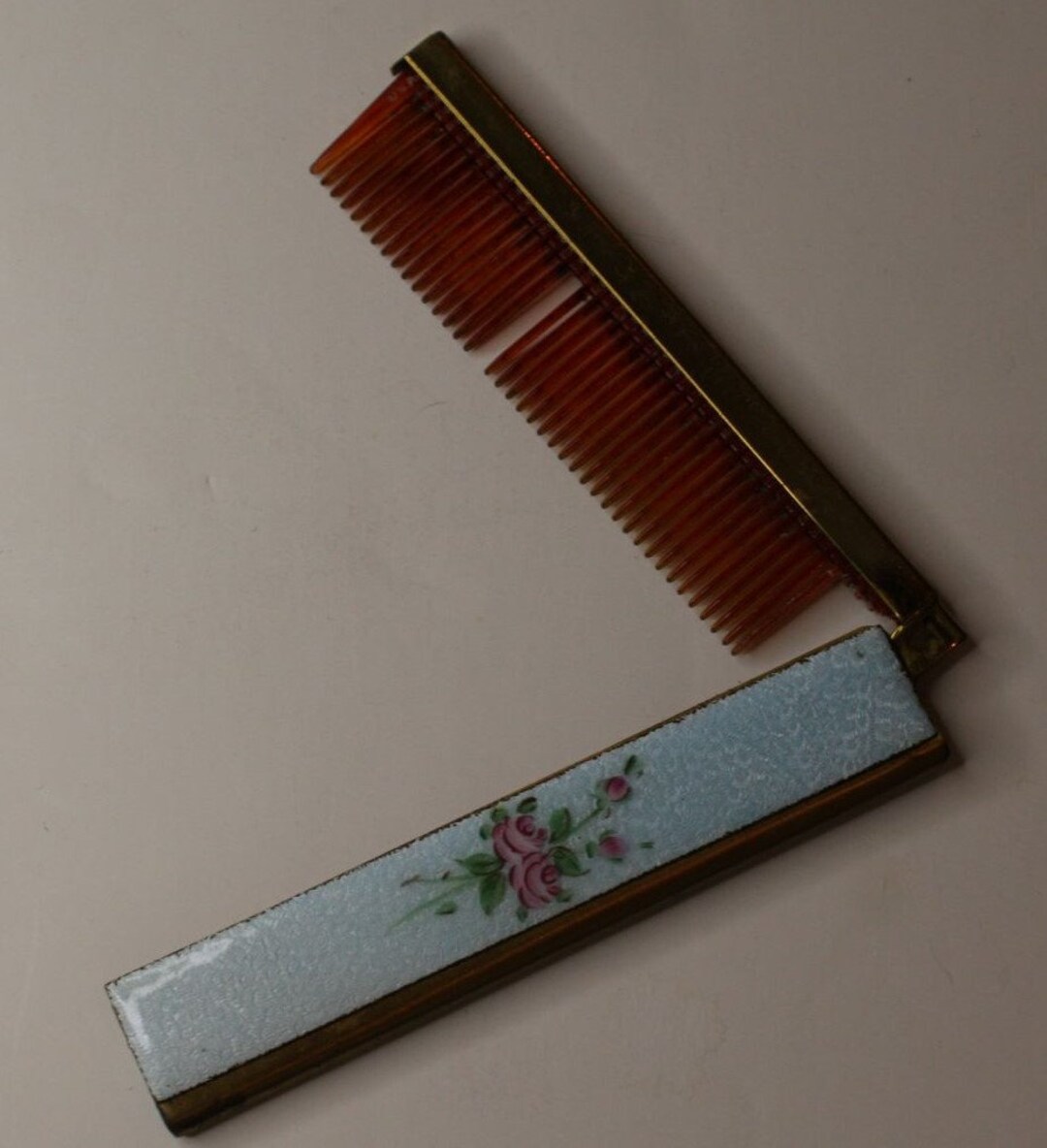 Vintage 1950s Brass and Light Blue Porcelain With Roses Folding Pocket ...