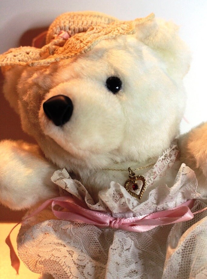Vintage White Teddy Bear Dressed in Lace With a Lace Hat - Etsy