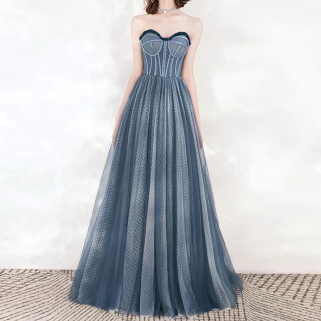 Sweetheart Blue Tube Tulle Prom Dress, Tube Tulle Prom Dress, Evening ...
