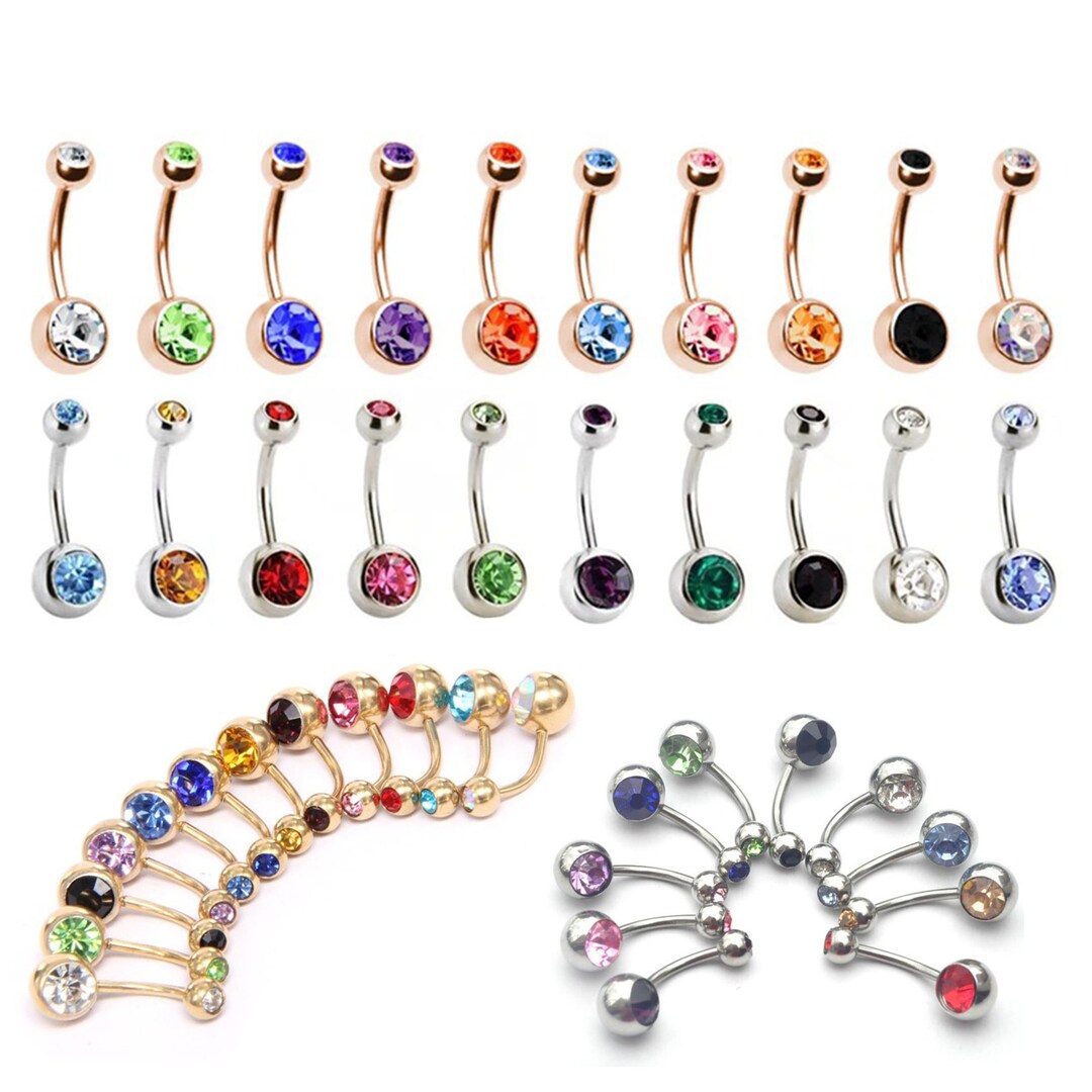 Gem Belly Bars Double Crystal Surgical Steel Navel Bar Belly Bar Button ...