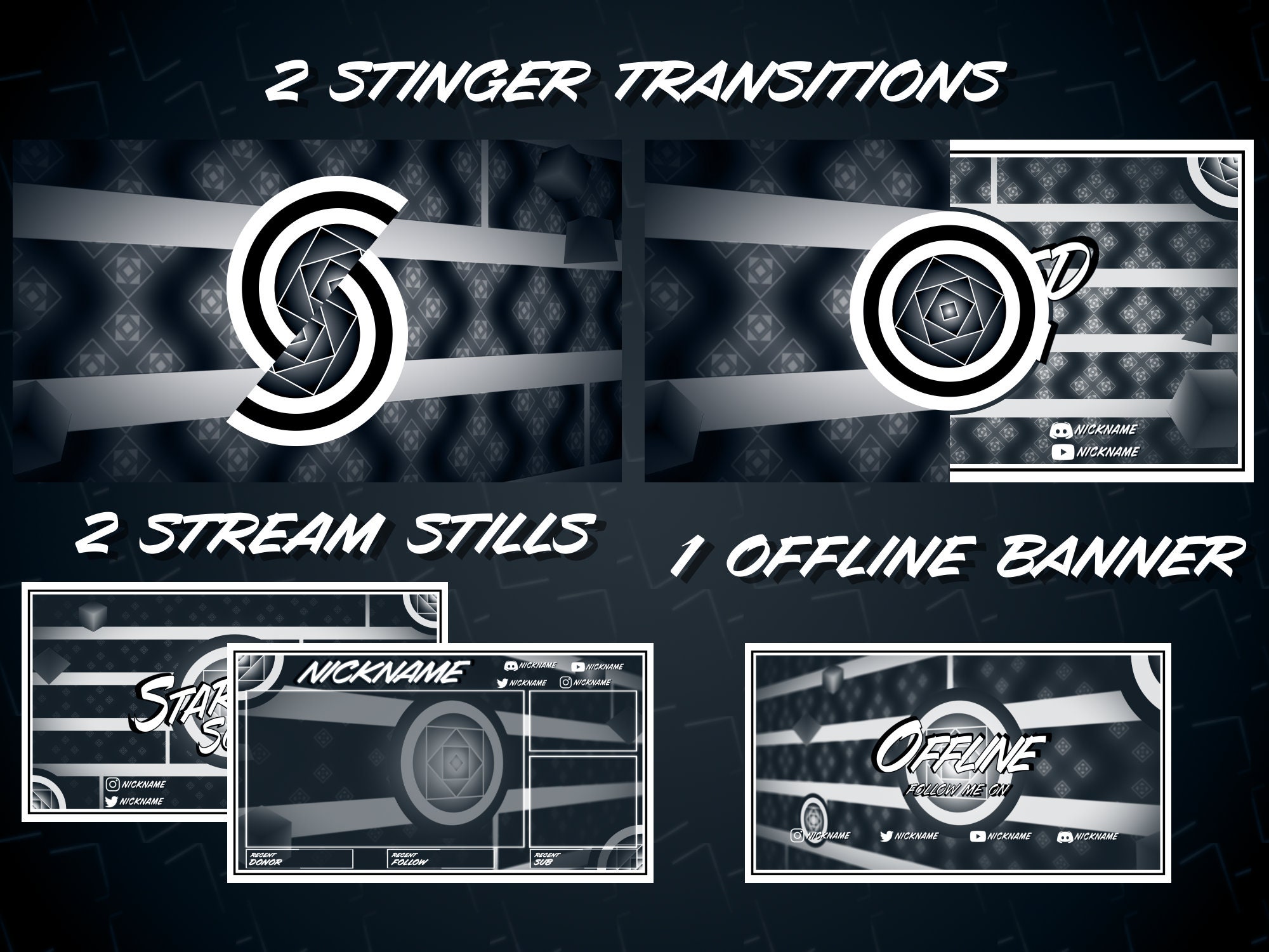 B&W TWITCH ANIMATED PACK overlays Banners Transitions - Etsy