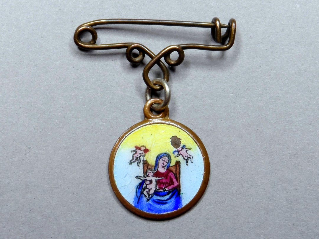 Saint Virgin Mary With Jesus and Cherubs. Antique Religious Enamel ...