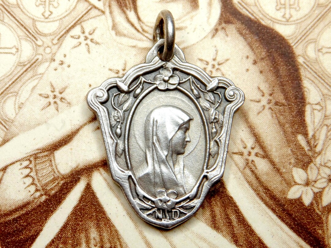 Holy Virgin Mary. French Antique Religious Pendant. Art Nouveau Medal ...