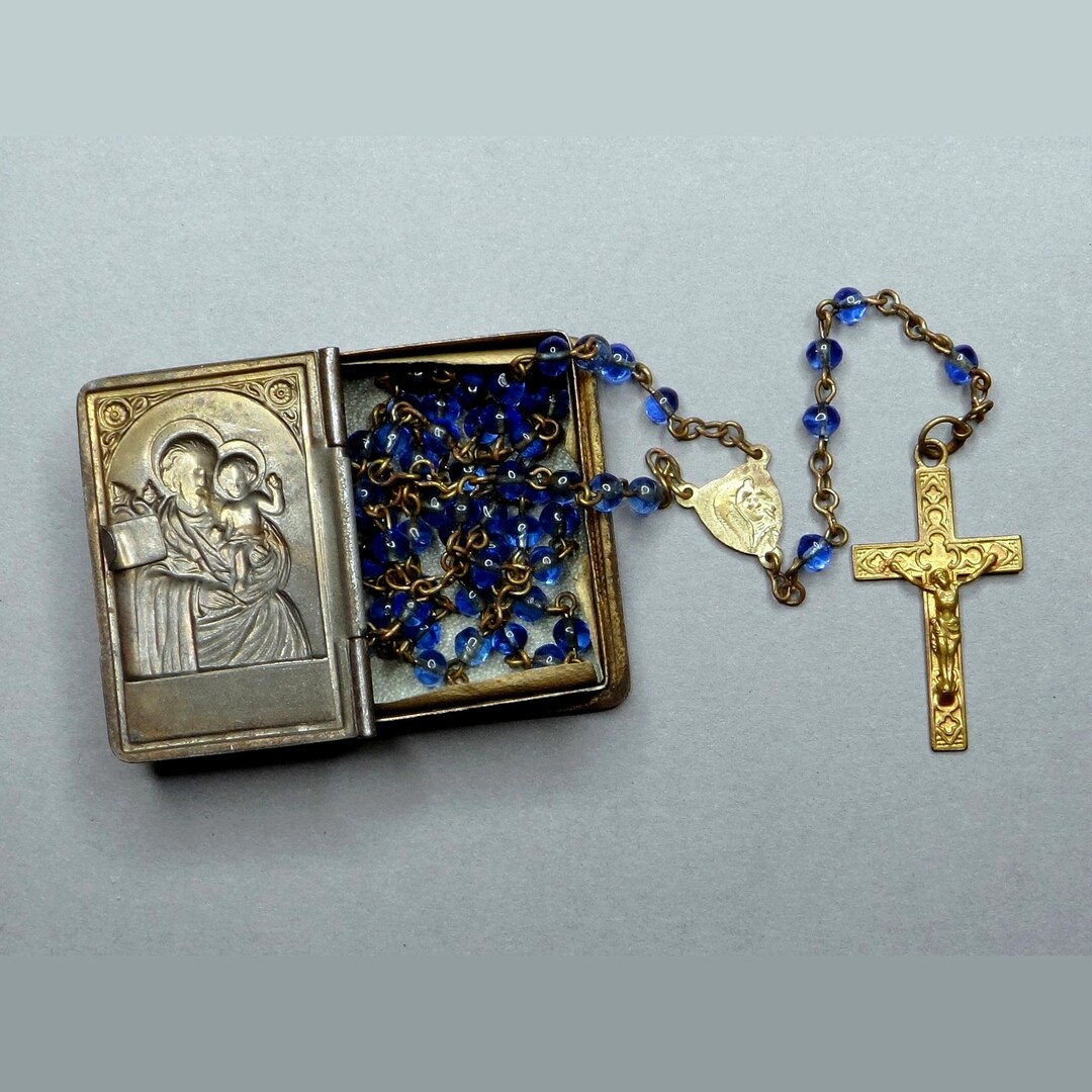 Antique Rosary and St Joseph Box. Glass Bead. Crucifix. Cross. French ...