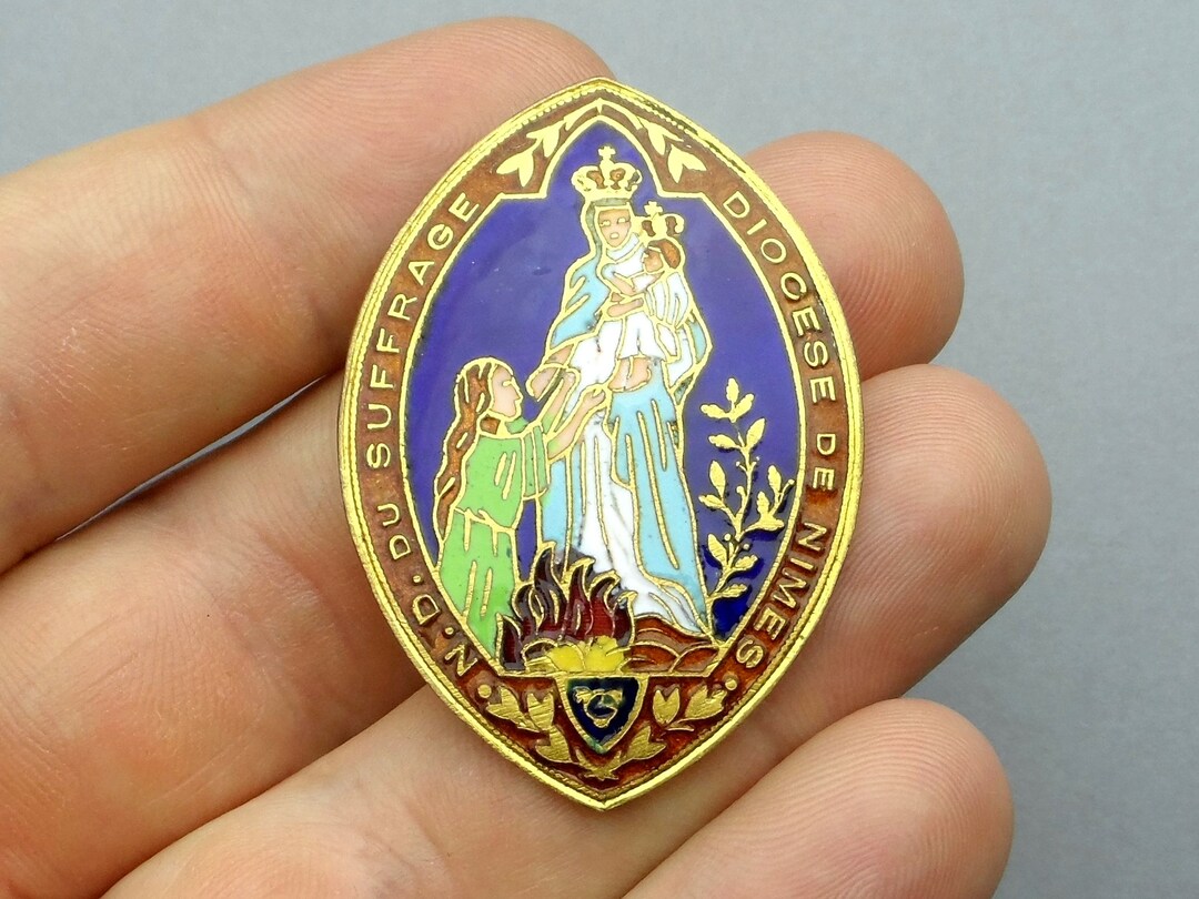 Saint Virgin Mary and Jesus. Antique Large Enamel Brooch. Our Lady of ...