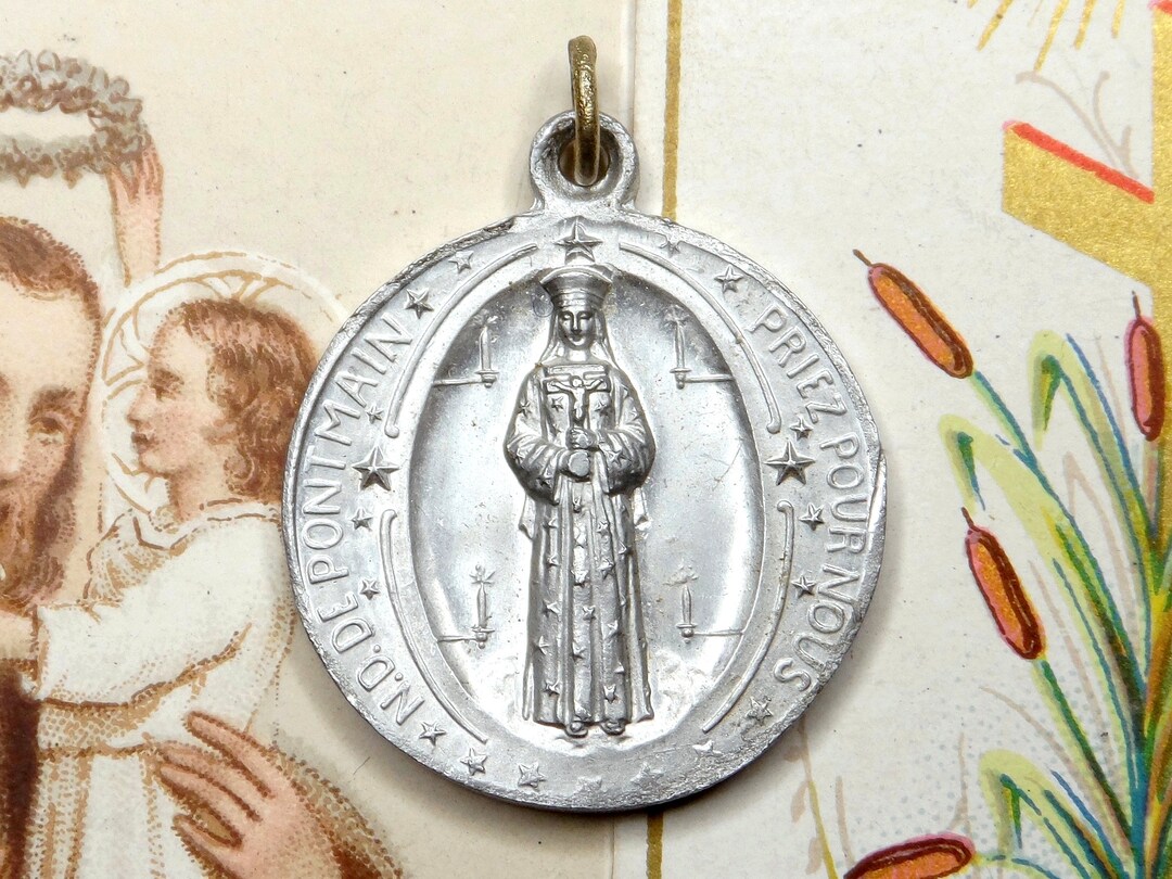 Our Lady of Pontmain. Jesus Christ. Antique Religious Pendant. Large ...