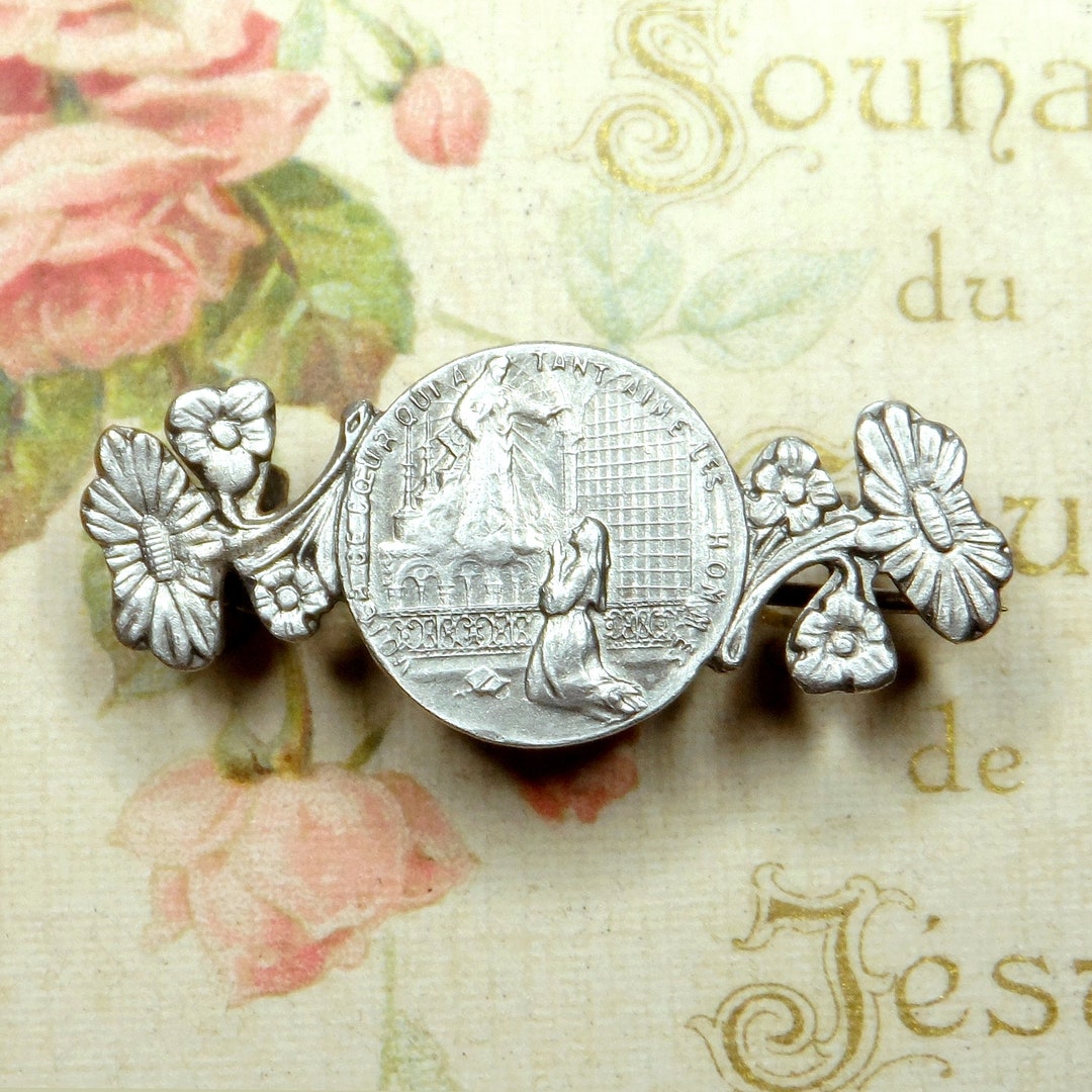 Margaret Mary Alacoque, Christ Sacred Heart. Antique Religious Brooch ...