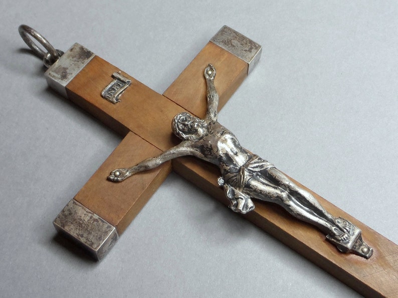 Large Pectoral Cross. Silver and Oak Wood. Antique Religious Crucifix ...