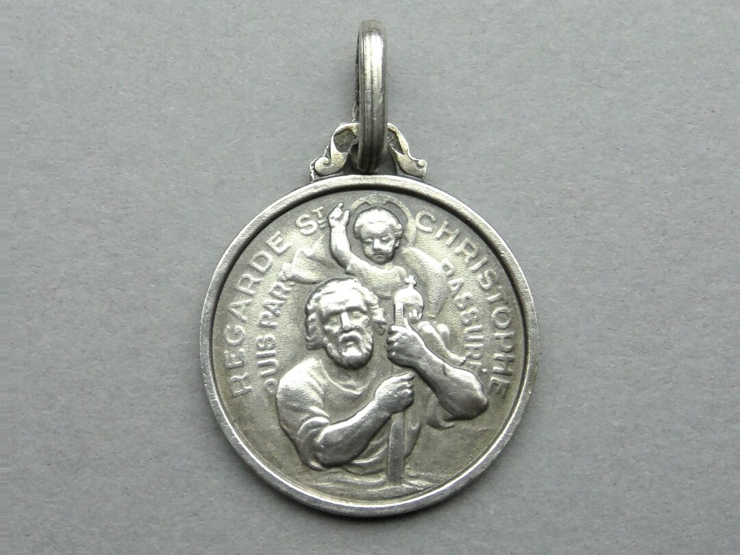 Saint Christopher and Jesus. Antique Religious Silver Pendant. Medal ...