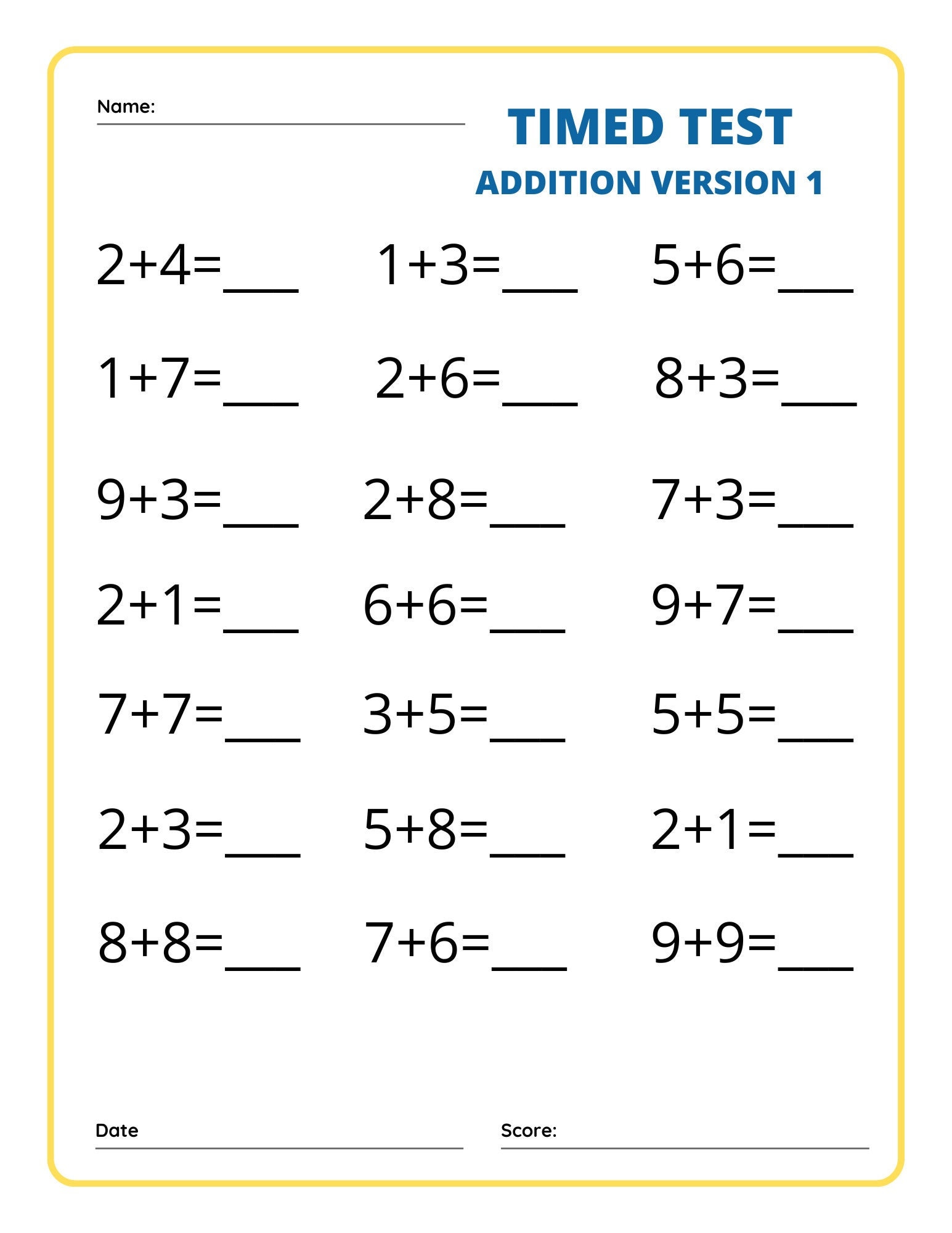 Addition Timed Test - Etsy