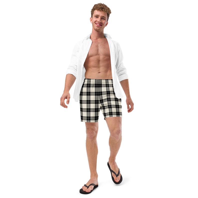 Macleod Black and White Men's Swim Trunks, Preppy Plaid Shorts for ...