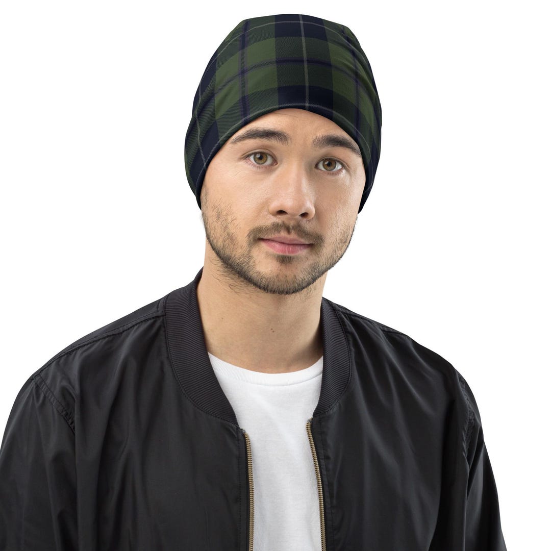 Douglas Hebridean Tartan Beanie, Olive Green and Black Plaid Winter Hat ...