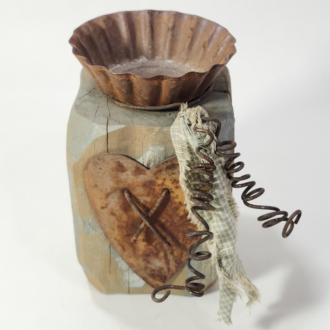 Votive Candle Holder Rustic Rust Metal Heart Reclaimed Pine Timber Wood ...