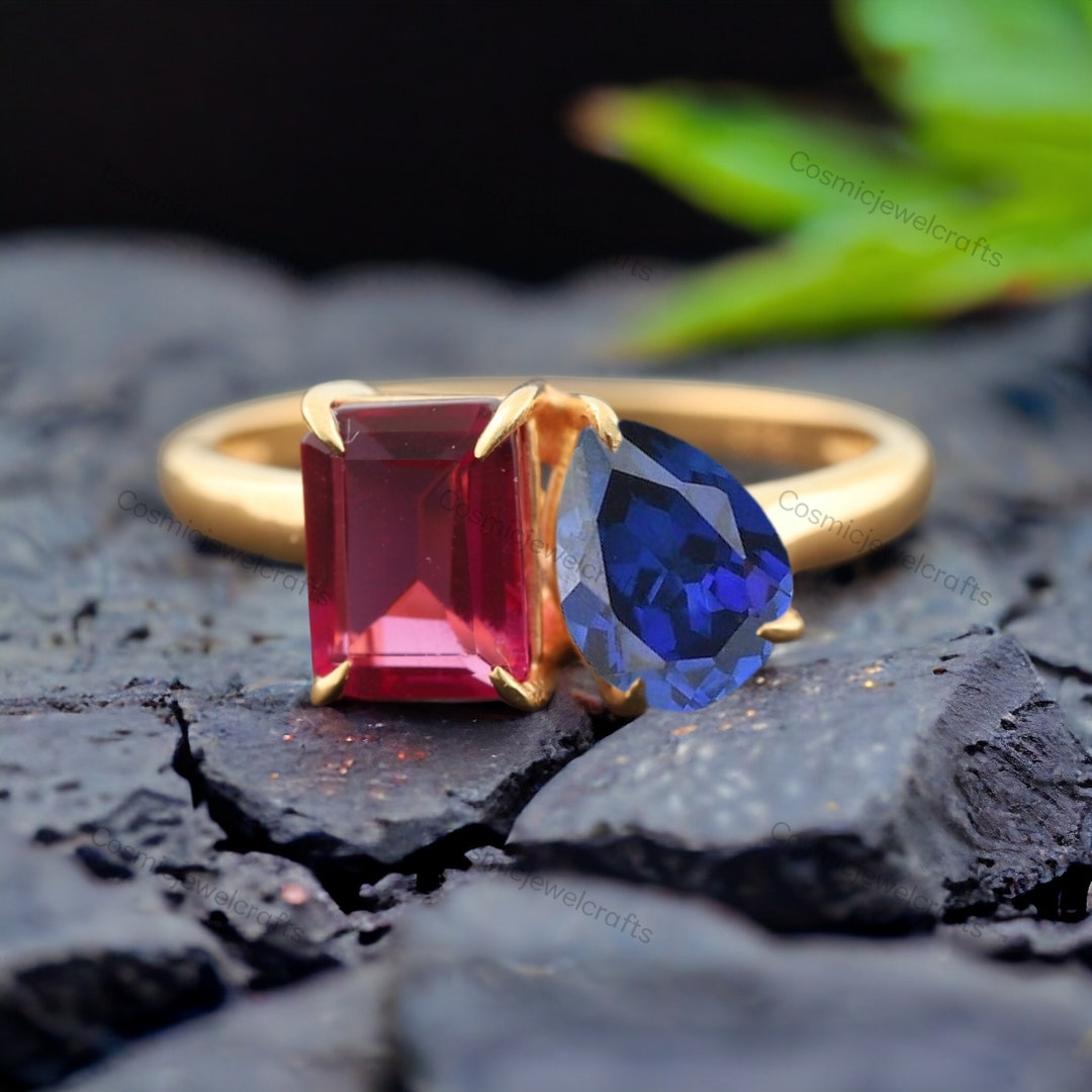Toi Et Moi Ruby Sapphire Engagement Ring Unique Art Deco Women Ring 18K ...