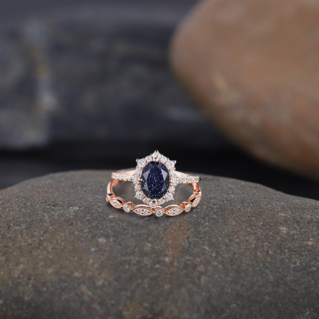 Galaxy Blue Sandstone Wedding Ring Set, Stackable Half Eternity Band ...