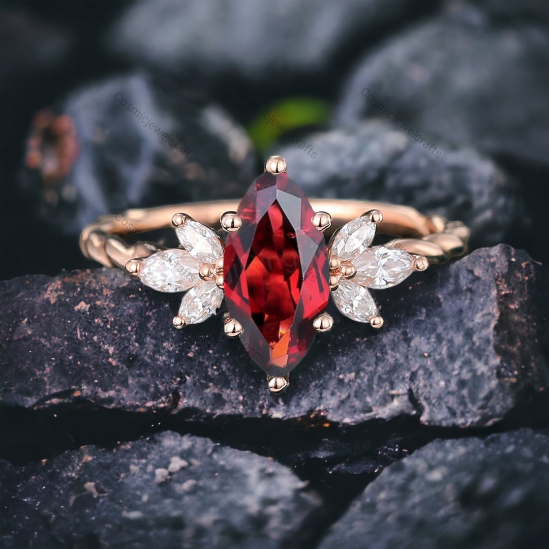 Vintage Marquise Garnet Engagement Ring January Birthstone Cluster Ring ...