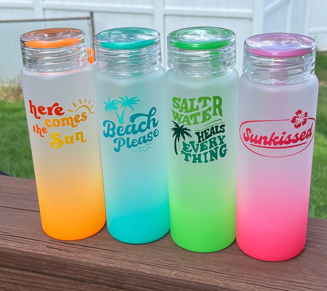 Summer Water Bottles Beach Tumbler Ombre Glass Bottle Ocean Wave Cup 17 ...