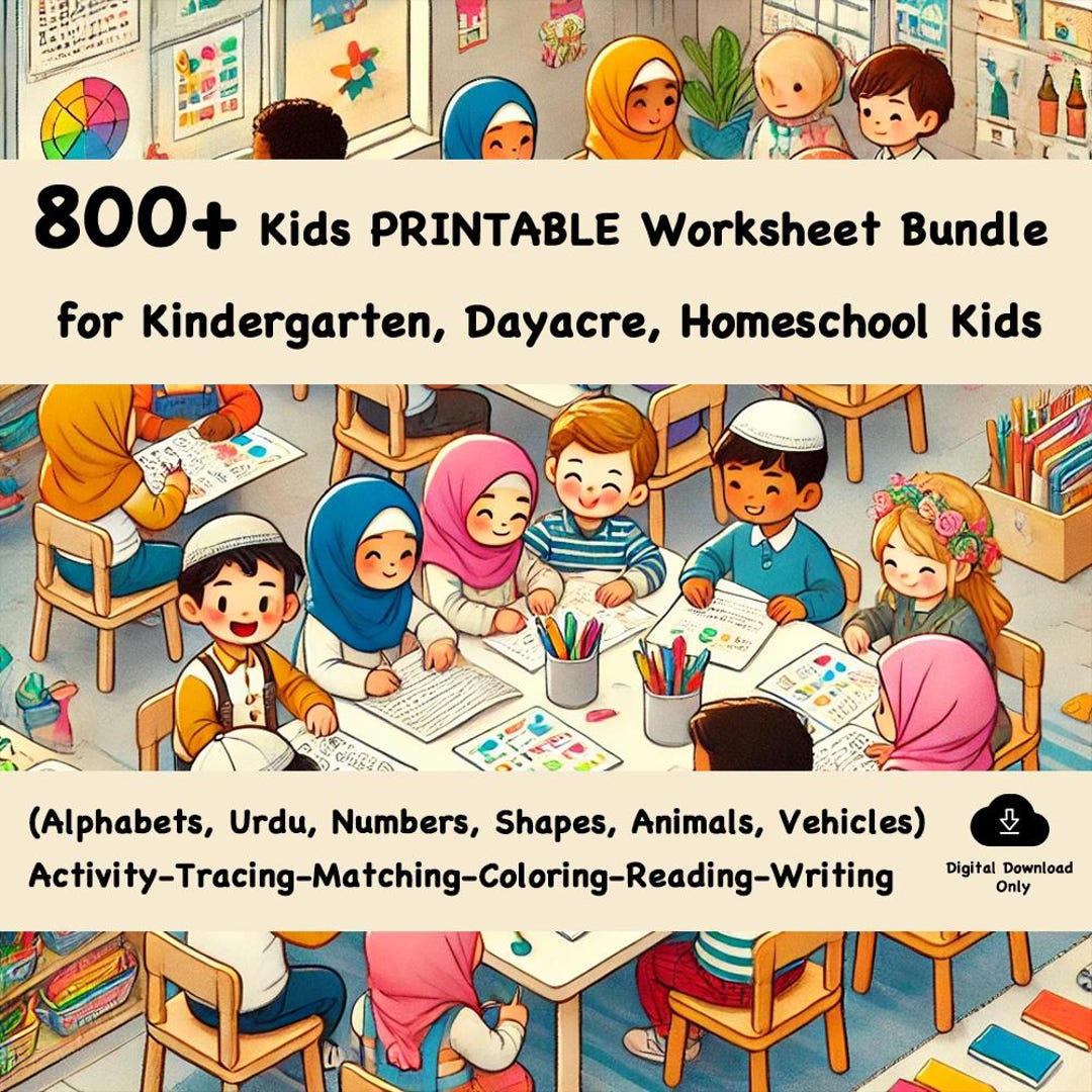 800+ Kids Worksheet Bundle PRINTABLE Kindergarten Alphabet Urdu Numbers ...