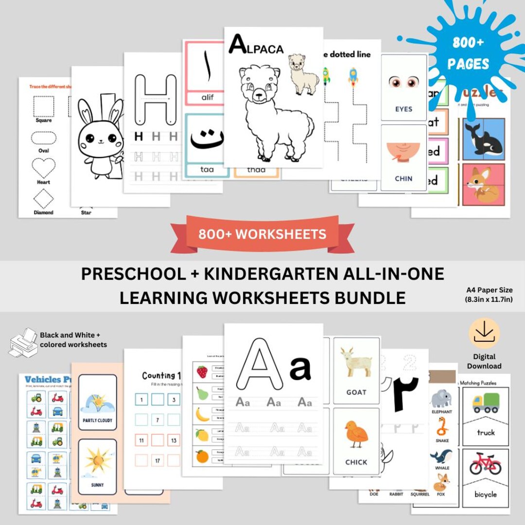 800+ Kids Worksheet Bundle PRINTABLE Kindergarten Alphabet Urdu Numbers ...