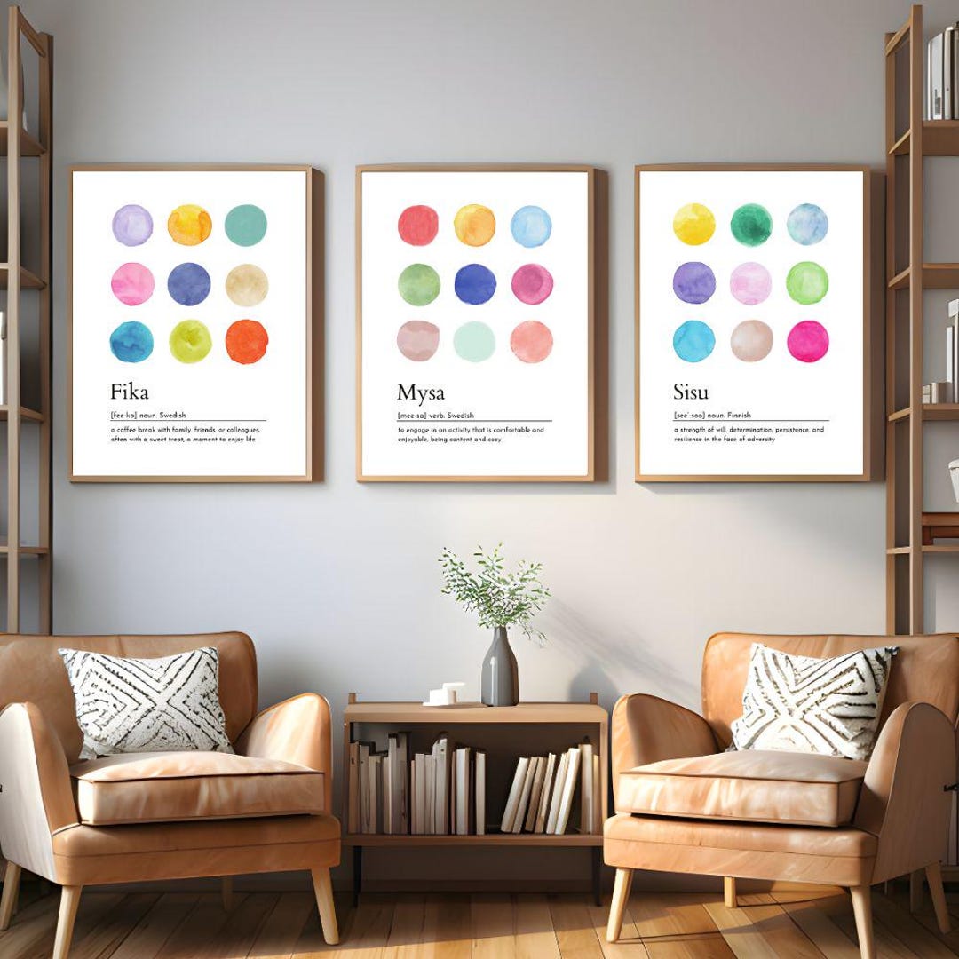 Scandinavian Definition Art Print Set of 3, Fika, Sisu, Mysa, Colorful ...