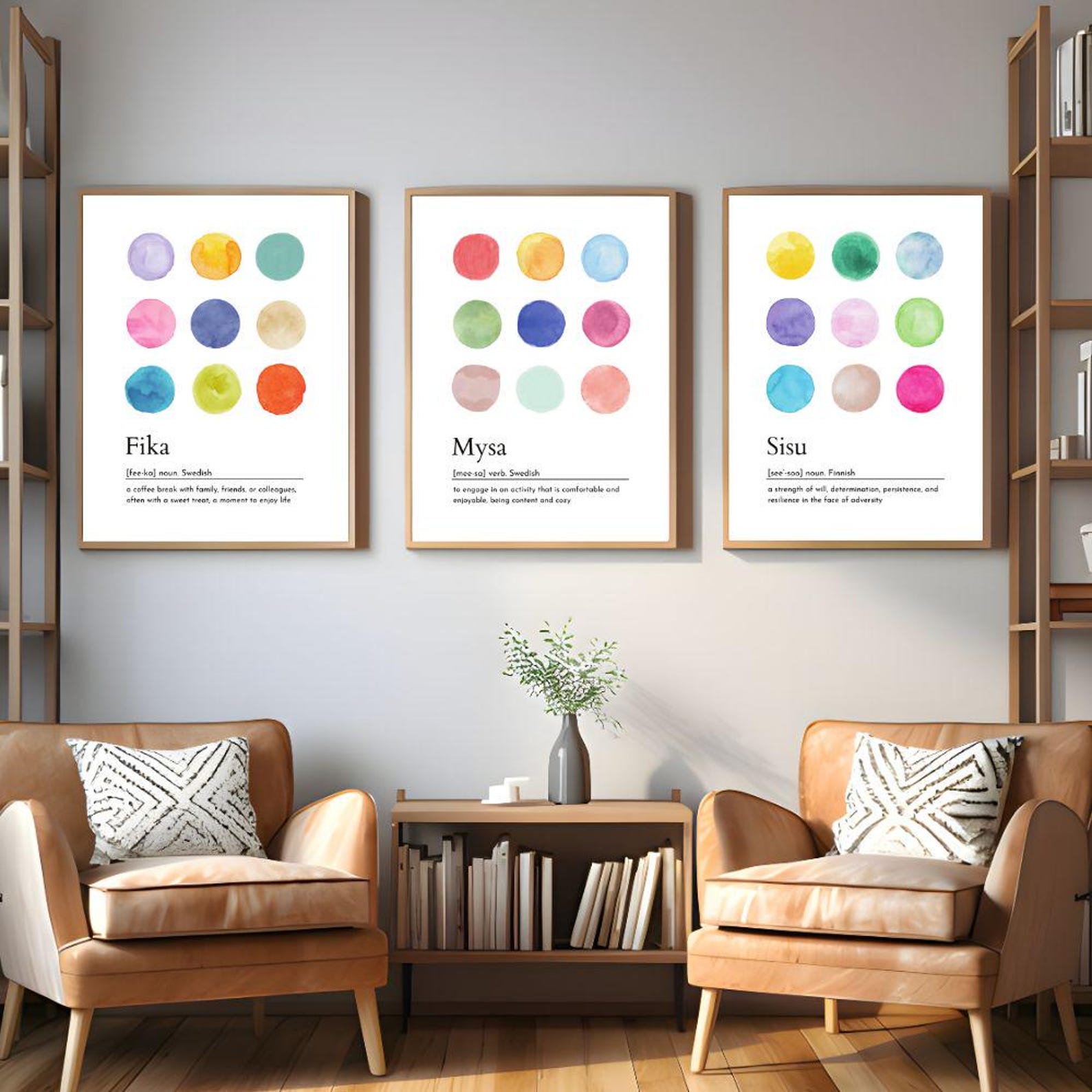 Scandinavian Definition Art Print Set of 3, Fika, Sisu, Mysa, Colorful ...