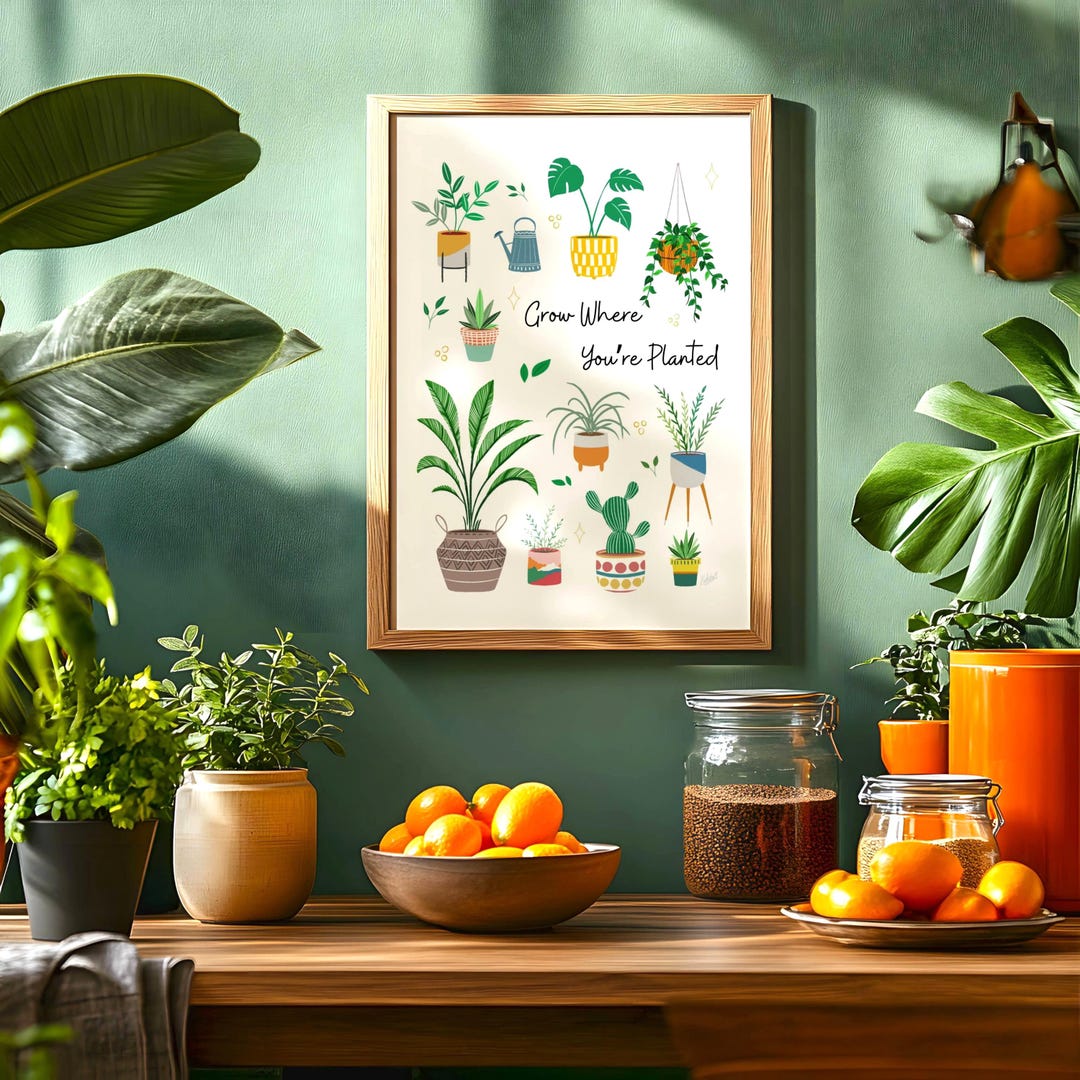 Boho Planter Houseplant Illustration, Palm Tree Tropical Botanical Art ...
