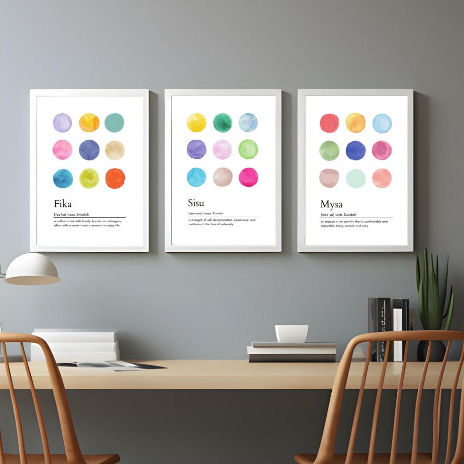 Scandinavian Definition Art Print Set of 3, Fika, Sisu, Mysa, Colorful ...